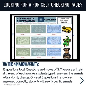 Solving Multi Step Equation Word Problems Self Checking Digital Sheets Activity