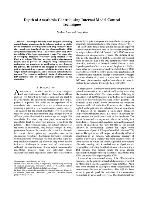 Pdf Depth Of Anesthesia Control Using Internal Model Control Techniques