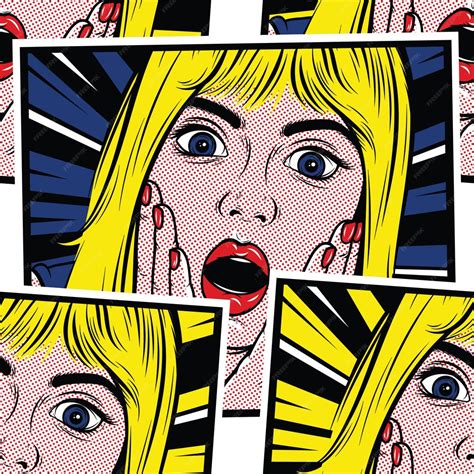 놀라운 금발 여성과 함께 레트로 만화 배경 와우 얼굴 그 개념 팝 아트 원활한 패턴 프리미엄 벡터