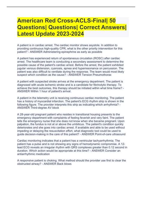 American Red Cross Acls Final 50 Questions Questions Correct Answers Latest Update