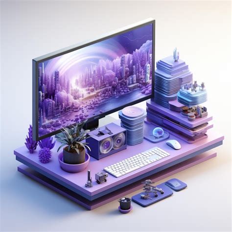 Premium Photo There Is A Computer Monitor And Keyboard On A Desk With A Purple Background