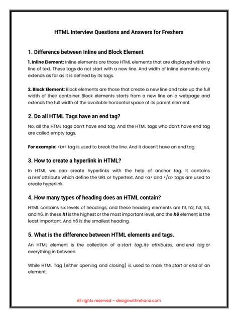 Html Interview Questions And Answers For Freshers Pdf Html Element Html