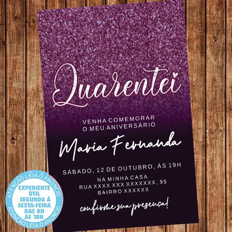 Convite 40 Anos Aniversário Festa Quarentei Roxo Digital Elo7