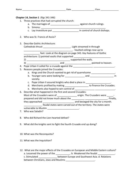 Medieval History Worksheet Chapter 14 Review
