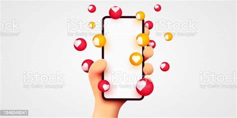 흰색 배경에 좋아요 알림 아이콘모바일 스마트폰을 들고 귀여운 3d 만화 손 소셜 미디어 및 마케팅 개념 3차원 형태에 대한 스톡 벡터 아트 및 기타 이미지 Istock