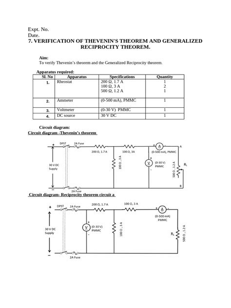 Verification Of Thevenins Theorem And Generalized Reciprocity Theorem Pdf