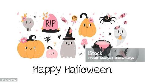 귀여운 할로윈 배너입니다 재미있는 호박 으스스한 유령 검은 고양이와 거미 캐릭터 핑크 색상 유치한 프린트 및 카드 파티 장식 컬렉션 벡터 만화 고립 된 그림 세트 0명에