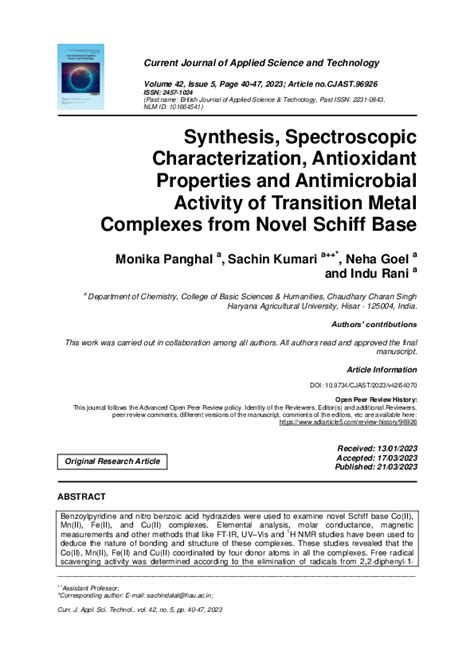 Pdf Synthesis Spectroscopic Characterization Antioxidant Properties And Antimicrobial