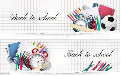 학교로 돌아갑니다 학교 용품이있는 두 개의 배너 벡터 가을에 대한 스톡 벡터 아트 및 기타 이미지 가을 계산기 교육