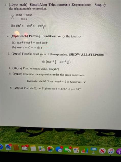 Solved 1 10pts Each Simplifying Trigonometric