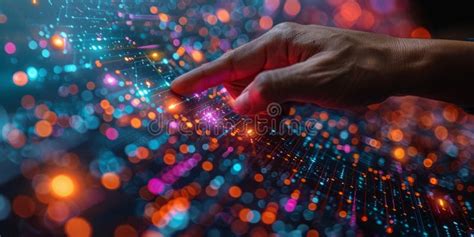 Hand Interacting With Futuristic Digital Interface Glowing With Neon Lights And Advanced Data