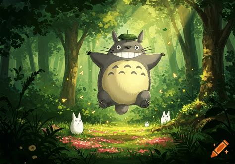 A Large Grey Totoro With A Big Smile Jumps In A Lush Green Forest With
