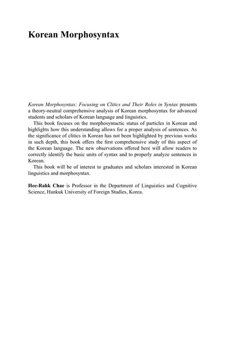 pdf korean morphosyntax focusing on clitics and their roles in syntax