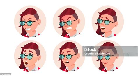 여자 아바타 사람 벡터입니다 얼굴 감정입니다 Emo 괴물 헤어스타일 핑크 사용자 사람입니다 뷰티 여자입니다 행복 불행 표현 그림입니다 플랫 만화 삽화를 절연 곱슬 머리에