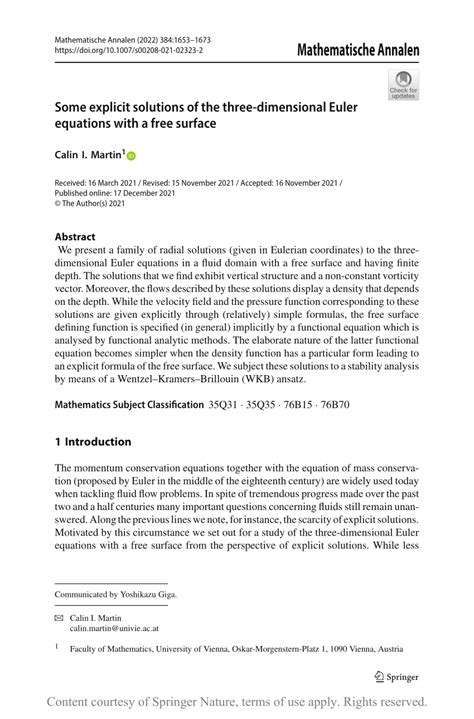 Pdf Some Explicit Solutions Of The Three Dimensional Euler Equations With A Free Surface