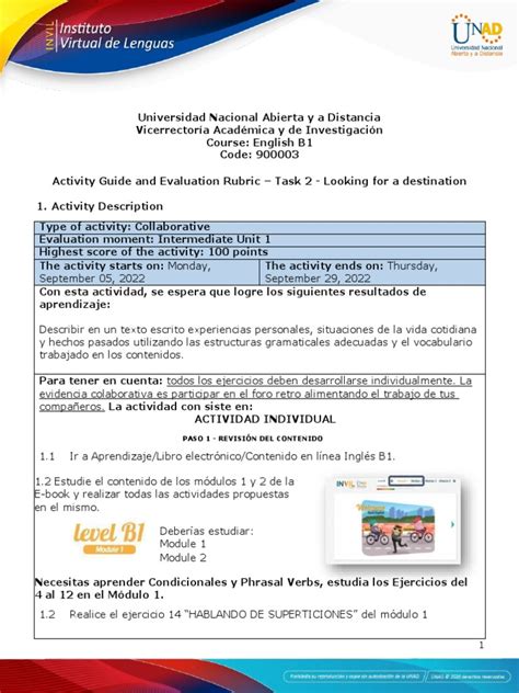 Activities Guide And Evaluation Rubric Unit 1 Task 2 Looking For A Destination Pdf