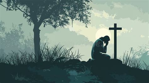 Silueta De Jesus Rezando Y Suplicando En El Gethsemano Antes De La Traición Y Crucifixión Stock