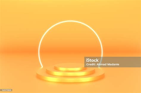 제품 배경 단계 또는 연단을 위한 3d 플랫폼 주황색 및 반지 원형 네온 백색 색깔을 가진 빈 전시 플랫폼 3d 일러스트레이션 렌더링 0명에 대한 스톡 사진 및 기타 이미지