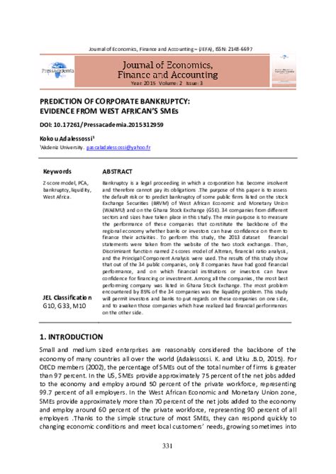Pdf Prediction Of Corporate Bankruptcy Evidence From West Africans Smes