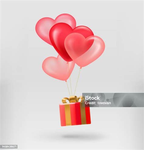 빨간색과 분홍색 하트 에어 풍선이 있는 선물 상자 3d 벡터 일러스트 레이 션 열기구에 대한 스톡 벡터 아트 및 기타 이미지 열기구 하트 모양 풍선 Istock
