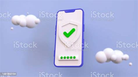 3d 렌더링 개념은 개인 데이터 사이버 보안입니다 3d 전화기 화면에서 비밀번호 입력 필드가 채워지고 화면에 녹색 확인 표시가 표시됩니다 배경에 구름이 있습니다 3차원