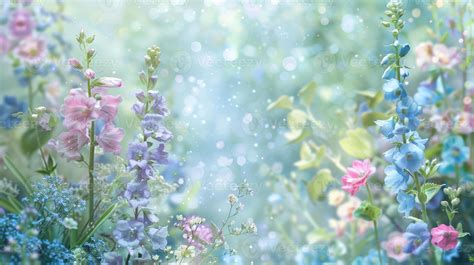 Whimsical Floral Background With Pastel Flowers And Soft Light Bokeh