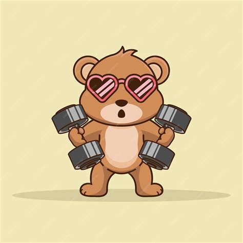 마스코트 로고 베어 리프팅 아령 귀여운 스티커 체육관 운동 아이콘 만화 스타일 프리미엄 벡터