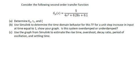Solved Consider The Following Second Order Transfer Function