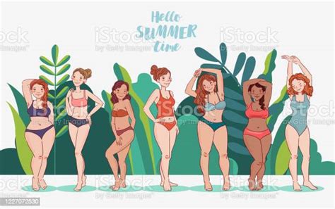 다른 높이의 젊은 여성의 그룹 그림 유형과 크기에 줄지어 서 수영복을 입고 바디 긍정적이고 아름다움 다양성 벡터 개념 가냘픈에 대한 스톡 벡터 아트 및 기타 이미지 Istock