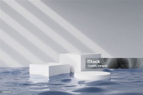 수영장 배경에 있는 최소한의 흰색 받침대 연단 제품은 3d 렌더링을 표시합니다 0명에 대한 스톡 사진 및 기타 이미지 0명 3차원 형태 기하 도형 Istock