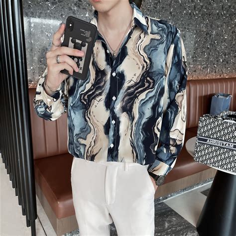 休闲男士高级感上衣冰丝衬衫男港风痞帅水墨设计感短袖花衬衣外套 虎窝淘