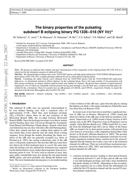 Pdf The Binary Properties Of The Pulsating Subdwarf B Eclipsing Binary Pg 1336 018 Ny Vir