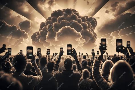 Premium Photo Crowd Of People Photographing Mushroom Cloud Neural Network Ai Generated