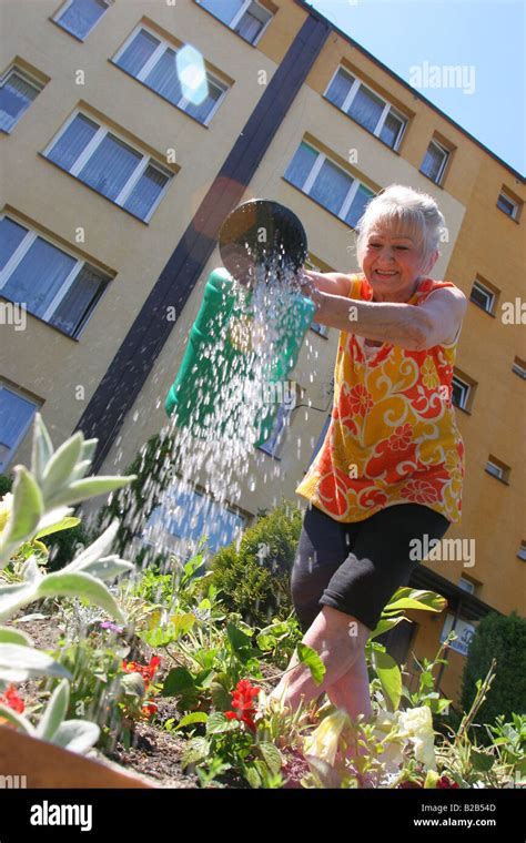 A Senior Woman Watering Flowers Stock Photo Alamy