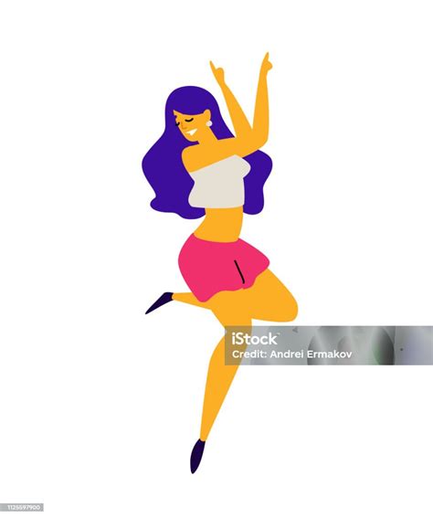반바지와 탱크 탑에 쾌활 한 춤 소녀입니다 웃는 젊은 여자의 그림입니다 댄스 스튜디오에 대 한 문자입니다 플랫 스타일입니다 긍정적인 섹시 한 여성입니다 디스코에 문자입니다
