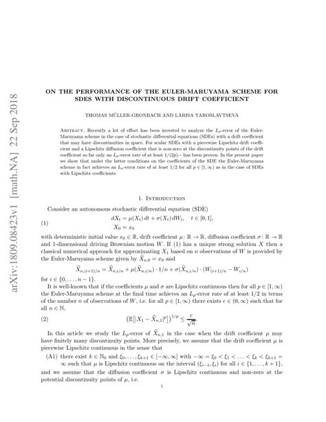 Pdf On The Performance Of The Euler Maruyama Scheme For Sdes With Discontinuous Drift Coefficient