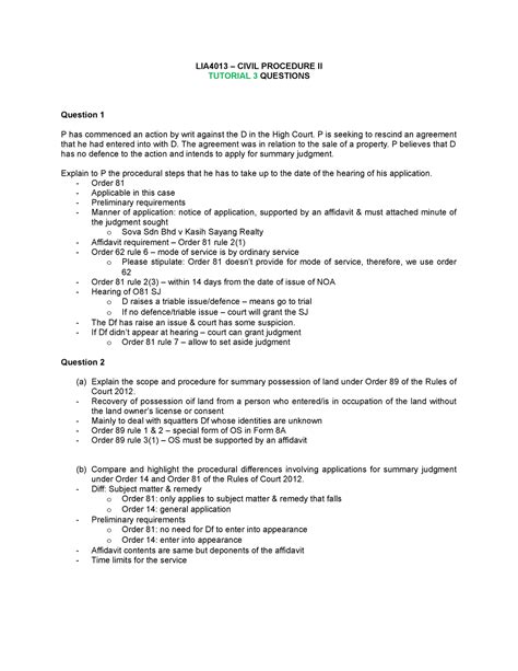 tutorial 3 questions lia4013 civil procedure ii tutorial 3