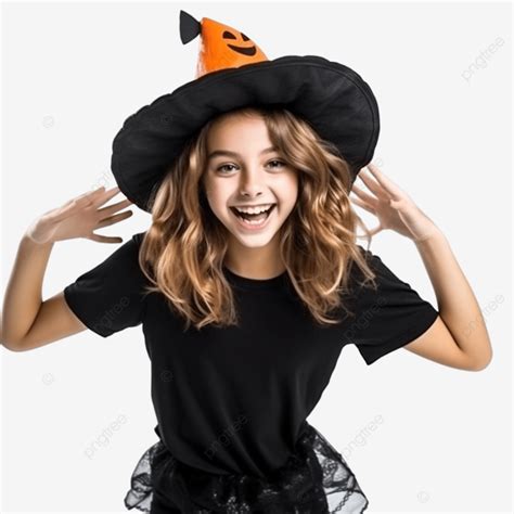 할로윈 모자를 쓰고 춤추고 웃고 있는 사랑스러운 10대 소녀의 초상화 할로윈 홈 가족 파티 아이들 재미 노는 아이들 아이 미소 Png 일러스트 및 이미지 에 대한 무료