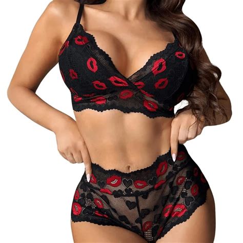 Two Piece Bra Babdyoll Tights High Waisted Panty Red Lips Embroidered Lace Sexy Underwear Love