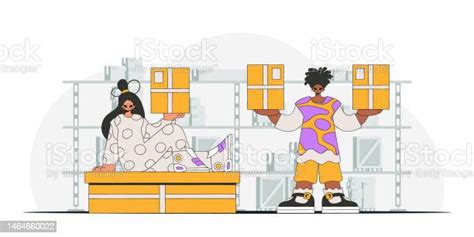 여자와 남자가 상자를 들고 있다 택배 팀 패키지 및화물 운송에 대한 묘사 가상현실에 대한 스톡 벡터 아트 및 기타 이미지 가상현실 남자 배달 Istock