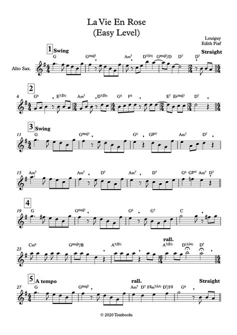 La Vie En Rose Easy Level Alto Sax Edith Piaf Saxophone Sheet Music
