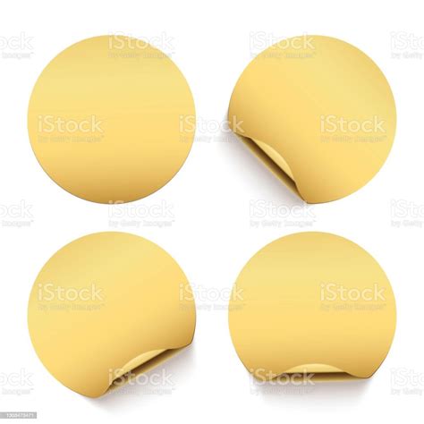골드 접착제 라운드 스티커 황금 백 사이드 컬링 세트 3d 원형 모양의 빈 종이 라벨 벡터 일러스트레이션 빛나는 박리 효과가 있는 배지 금 금속에 대한 스톡 벡터 아트 및
