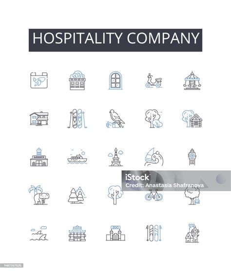 호스피탈리티 회사 라인 아이콘 컬렉션입니다 관리 협업 커뮤니케이션 효율성 생산성 멀티태스킹 조직 벡터 및 선형 그림 책임 신뢰성 시간 엄수 개요 표지판 세트 결정에 대한