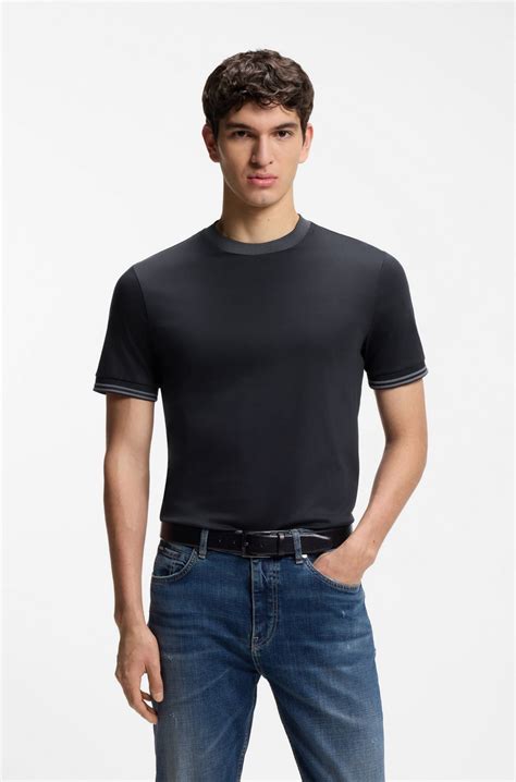 Boss Mercerised Cotton Slim Fit T Shirt With Contrast Tipping Dark Blue