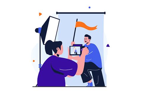 웹 배너 디자인을 위한 현대적인 평면 컨셉을 작업하는 여성 사진 스튜디오에서 전문 사진 작가로 일하는 여성은 남자 포즈를 취하기 위해 사진 촬영을합니다 격리된 사람 장면의