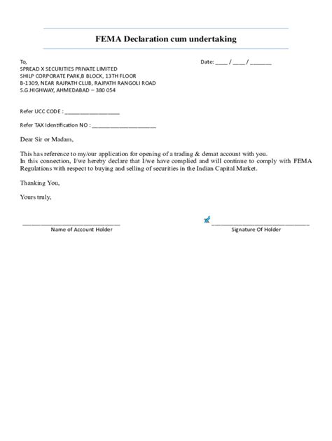 Fillable Online Fema Declaration Cum Undertaking Spread X Securities