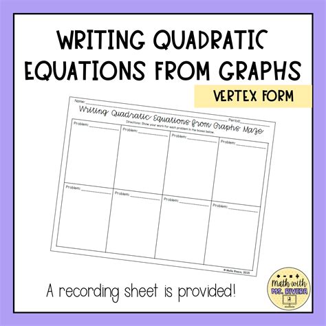 Writing Quadratic Equations From Graphs In Vertex Form Maze Worksheet Made By Teachers