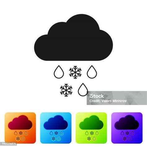 눈과 비 아이콘 흰색 배경에 고립 된 검은 구름 날씨 아이콘입니다 색상 사각형 버튼에 아이콘을 설정 합니다 벡터 일러스트 0명에