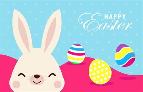 해피 부활절 날 포스터 인사말 카드와 작은 토끼 토끼 만화 평면 디자인 부활절 달걀 축제 배경 배너 템플릿 고립 된 벡터 일러스트레이션 개념에 대한 스톡 벡터 아트 및 기타