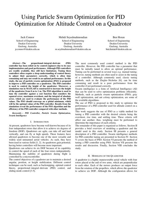 Pdf Using Particle Swarm Optimization For Pid Optimization For Altitude Control On A Quadrotor